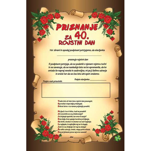Priznanje za 40. rojstni dan ona | Enaa
